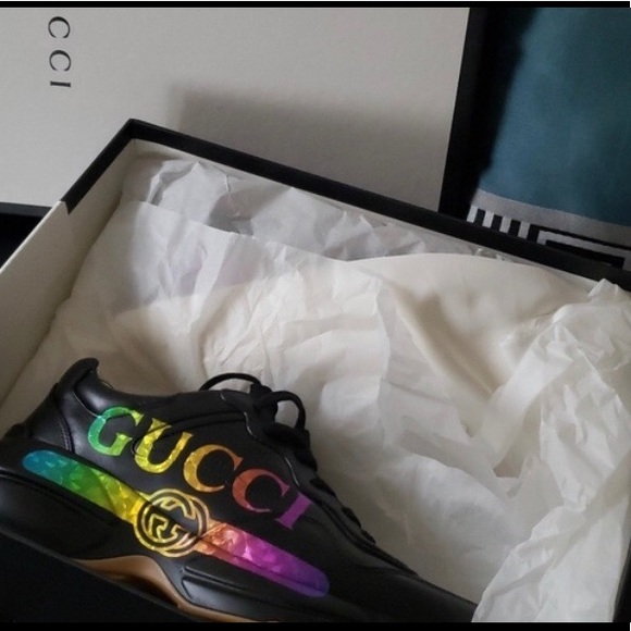 Gucci | Shoes | Gucci Black Vintage Rainbow Rhyton Sneakers | Poshmark
